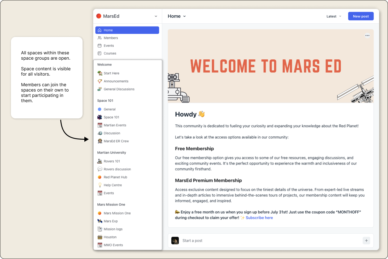 Examples of space access configuration for public communities | Circle Knowledge Base